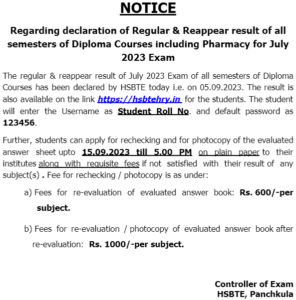 HSBTE Result 2023 July (Out): Diploma Regular & Reappear Results @hsbte ...